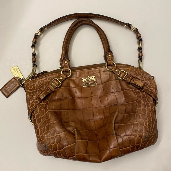 Coach | Bags | Coach Croc Embossed Brown Leather Shoulder Bag Gold ...